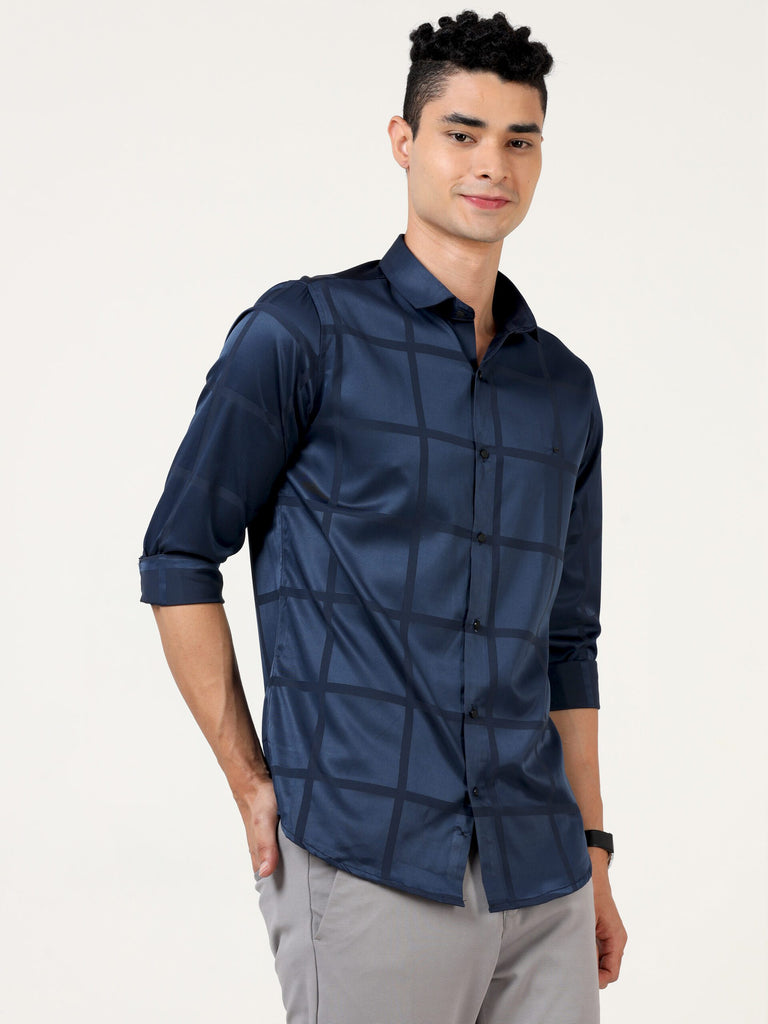 Premium Blue Satin Checks Shirt - Elegant Partywear in Blended Cotton ...